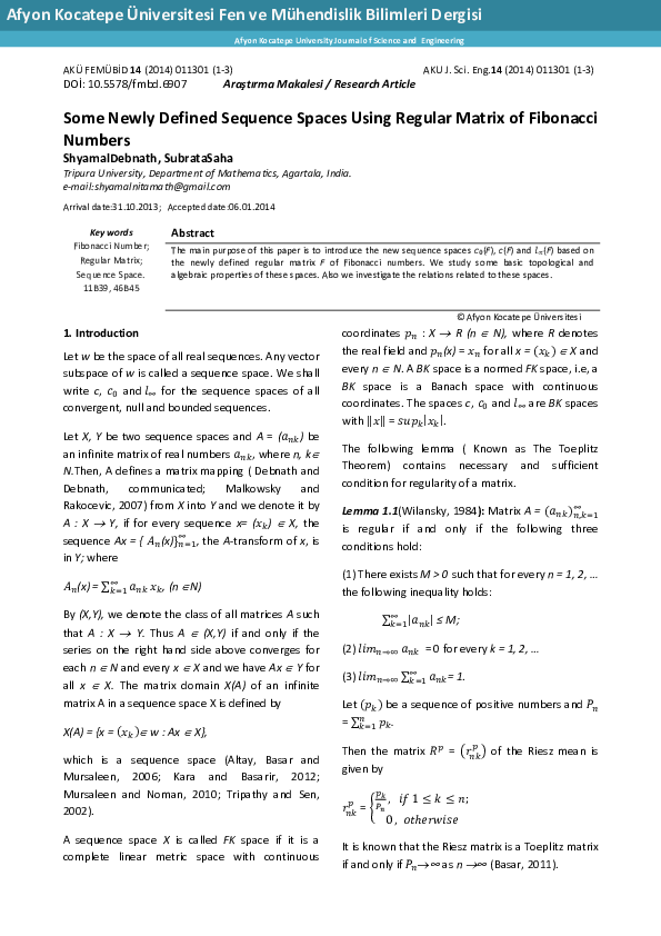 (PDF) Some Newly Defined Sequence Spaces Using Regular Matrix of Fibonacci Numbers