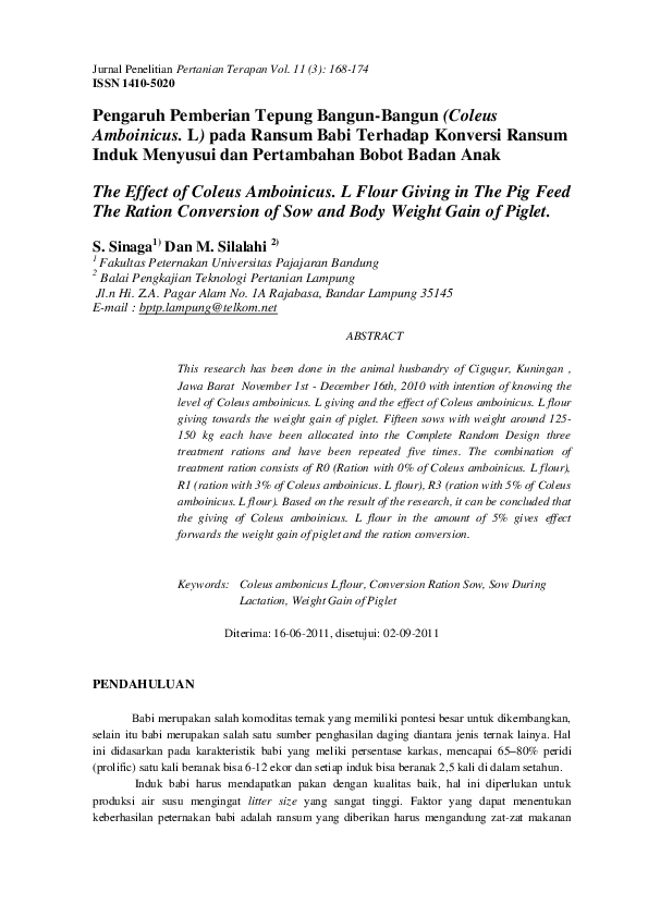 (PDF) Pengaruh Pemberian Tepung Bangun-Bangun (Coleus Amboinicus. L ...