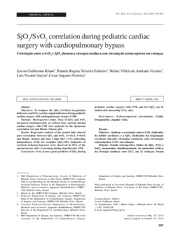 (PDF) Correlação entre a SvO2 e SjO2 durante a cirurgia cardíaca com ...