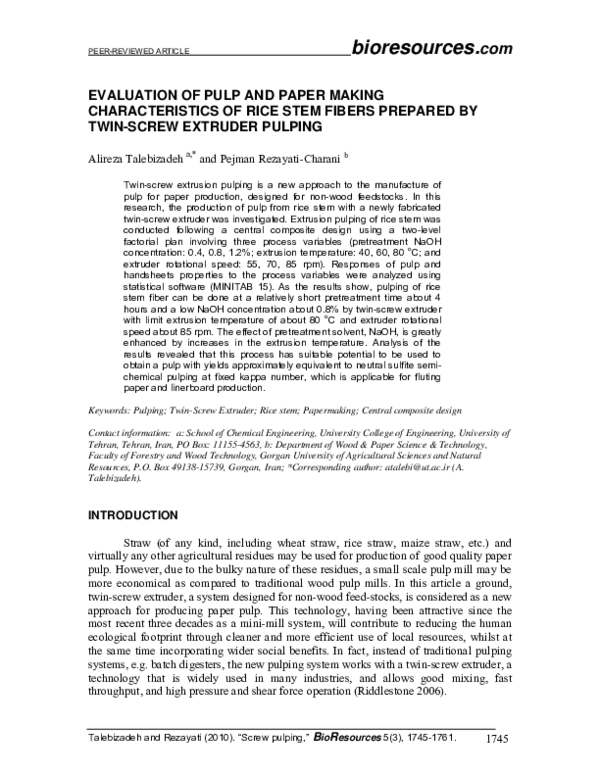 (PDF) Evaluation of pulp and paper making characteristics of rice stem ...
