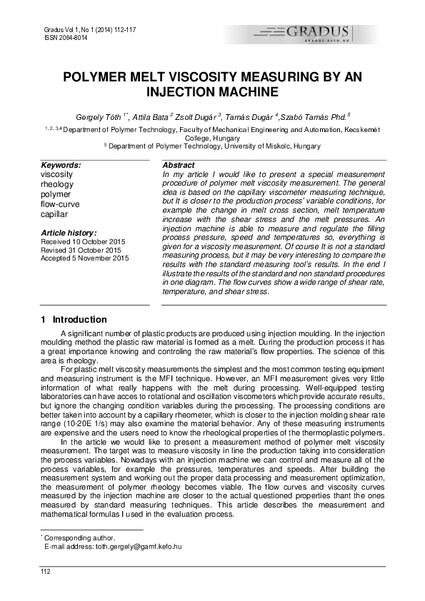 (PDF) Polymer melt viscosity measuring by an injection machine