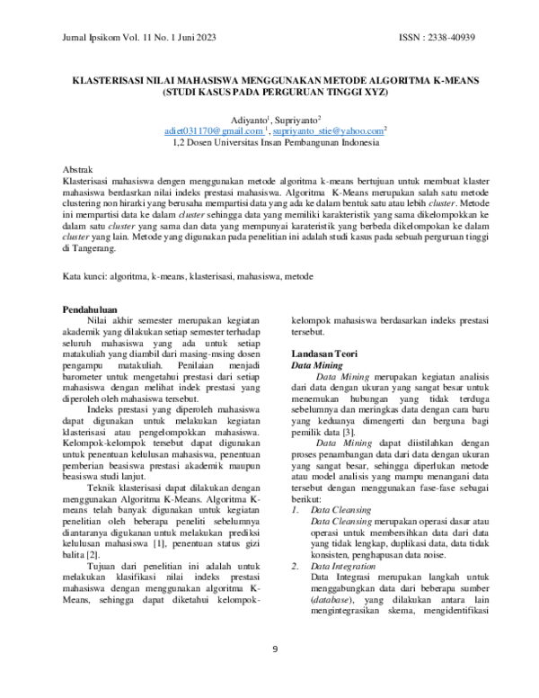 (PDF) Klasterisasi Nilai Mahasiswa Menggunakan Metode Algoritma K-Means (Studi Kasus Pada ...