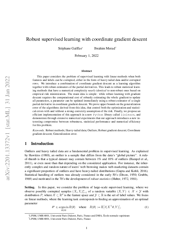 (PDF) Robust supervised learning with coordinate gradient descent | Ibrahim Merad - Academia.edu