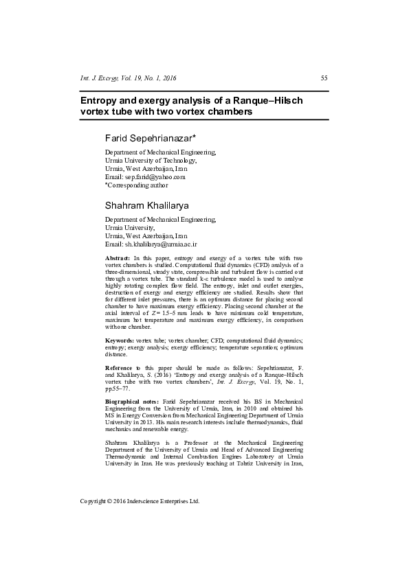 (PDF) Entropy and exergy analysis of a Ranque-Hilsch vortex tube with ...