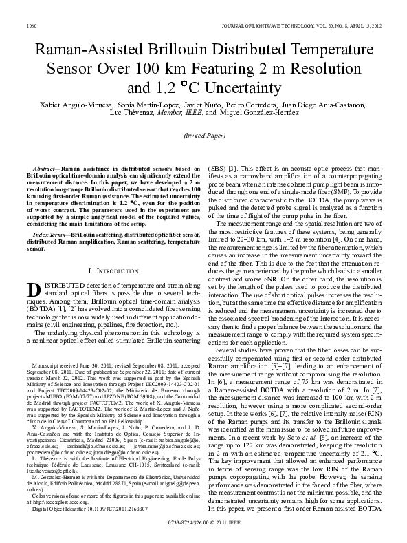 (PDF) Raman-Assisted Brillouin Distributed Temperature Sensor Over 100 km Featuring 2 m ...