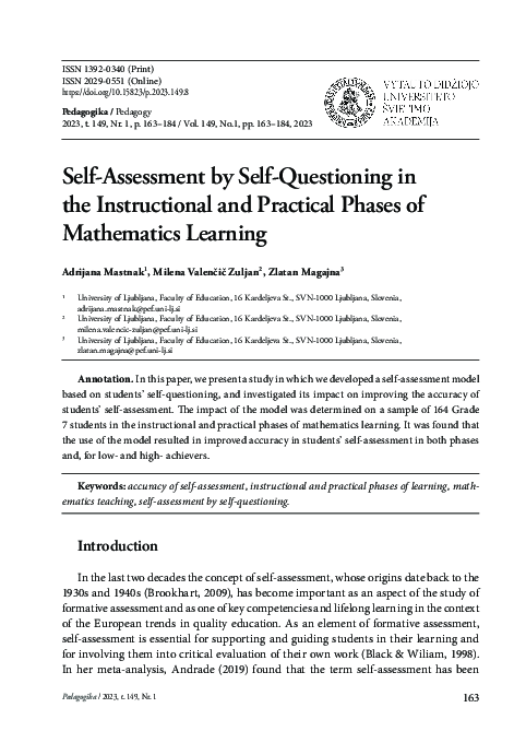 (PDF) Self-Assessment by Self-Questioning in the Instructional and ...