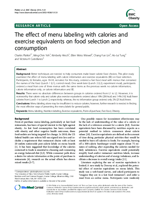 (PDF) The effect of menu labeling with calories and exercise ...