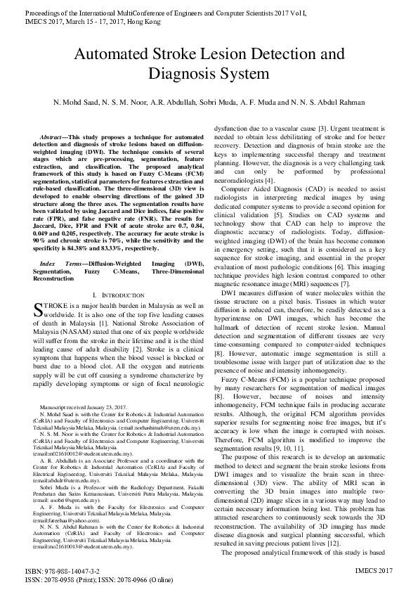 (PDF) Automated stroke lesion detection and diagnosis system (PDF) Automated stroke lesion detection and diagnosis system