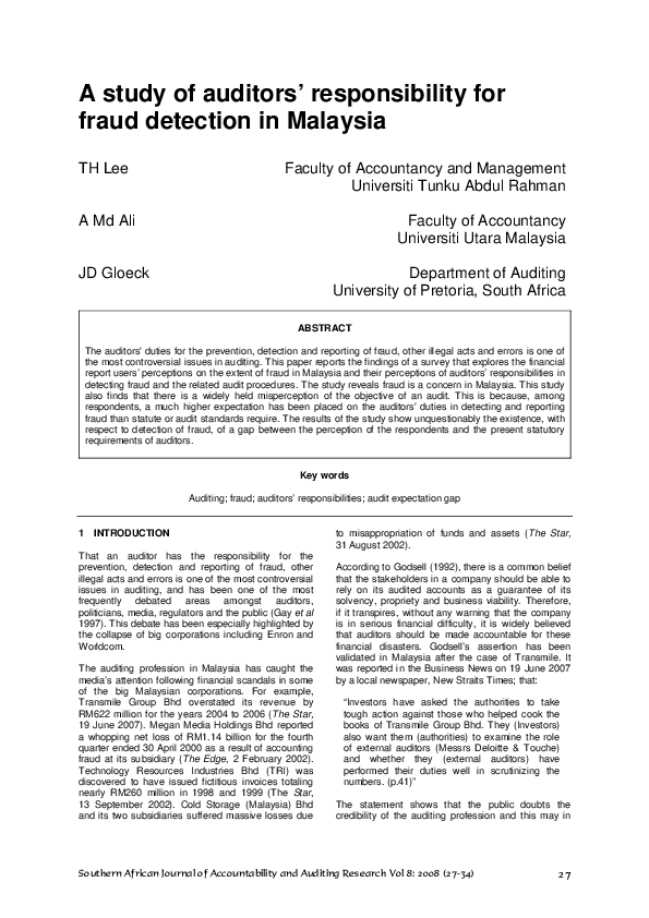 (PDF) A study of auditors' responsibility for fraud detection in Malaysia