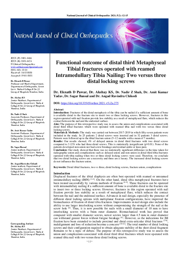 (PDF) Functional outcome of distal third Metaphyseal Tibial fractures operated with reamed ...