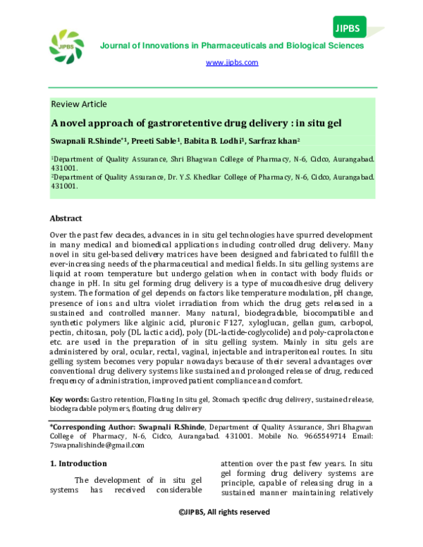 (PDF) A novel approach of gastroretentive drug delivery : in situ gel