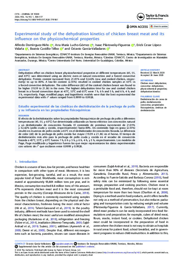 (PDF) Experimental study of the dehydration kinetics of chicken breast meat and its influence on ...