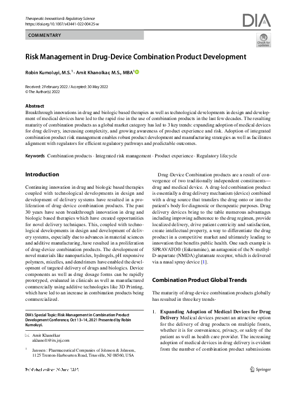 (PDF) Risk Management in Drug-Device Combination Product Development