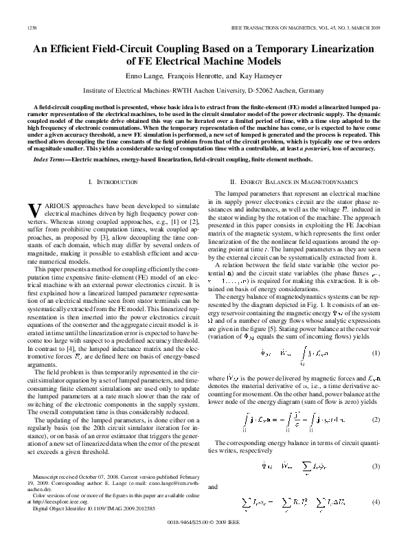Pdf An Efficient Field Circuit Coupling Based On A Temporary Linearization Of Fe Electrical
