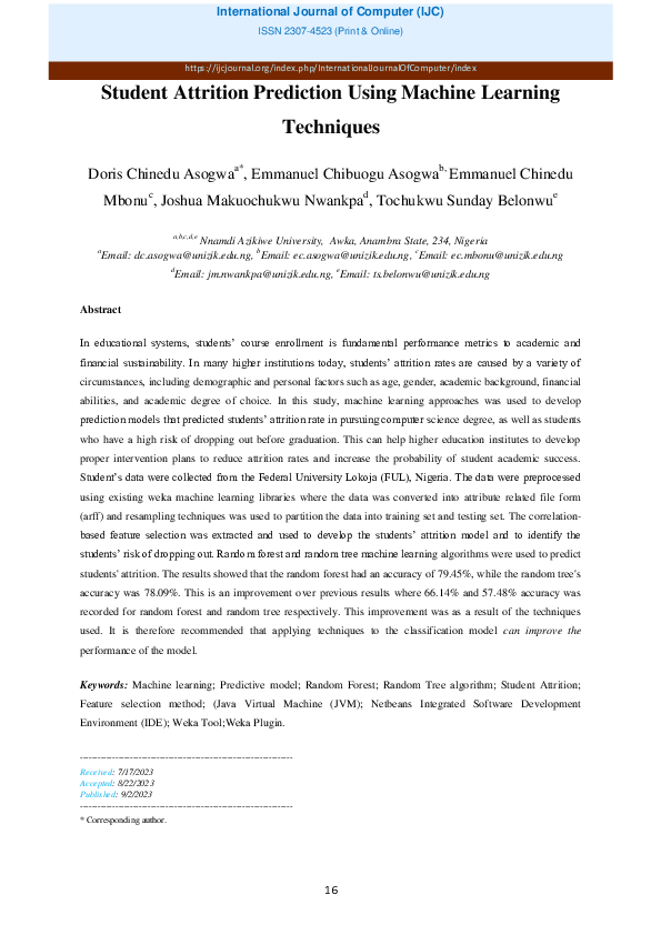 (PDF) Student Attrition Prediction Using Machine Learning Techniques