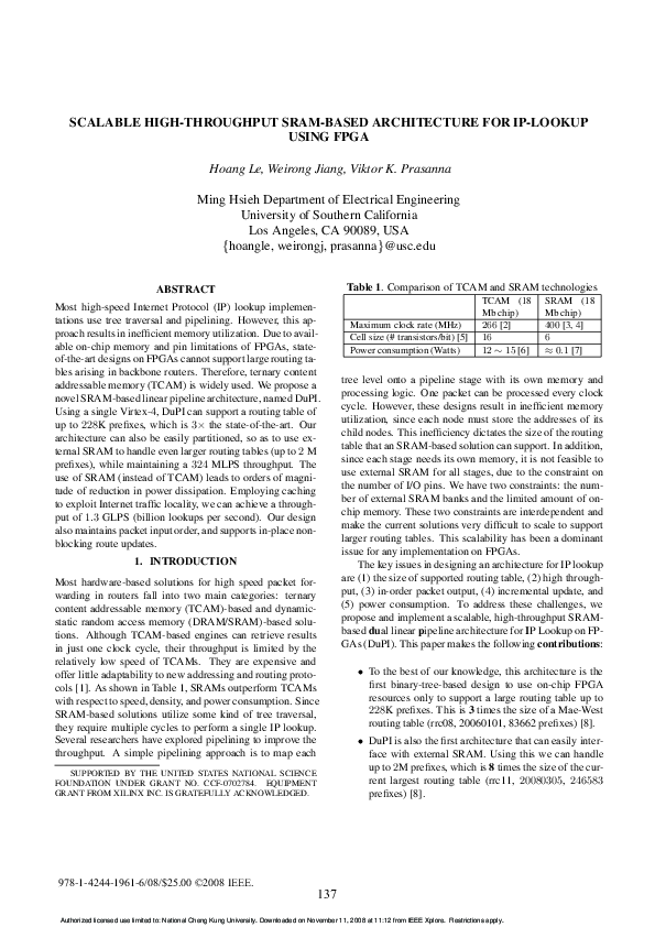 (PDF) SRAM-based FPGA Architecture for IP Lookup