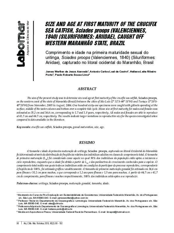 (PDF) SIZE AND AGE AT FIRST MATURITY OF THE CRUCIFIX SEA CATFISH ...