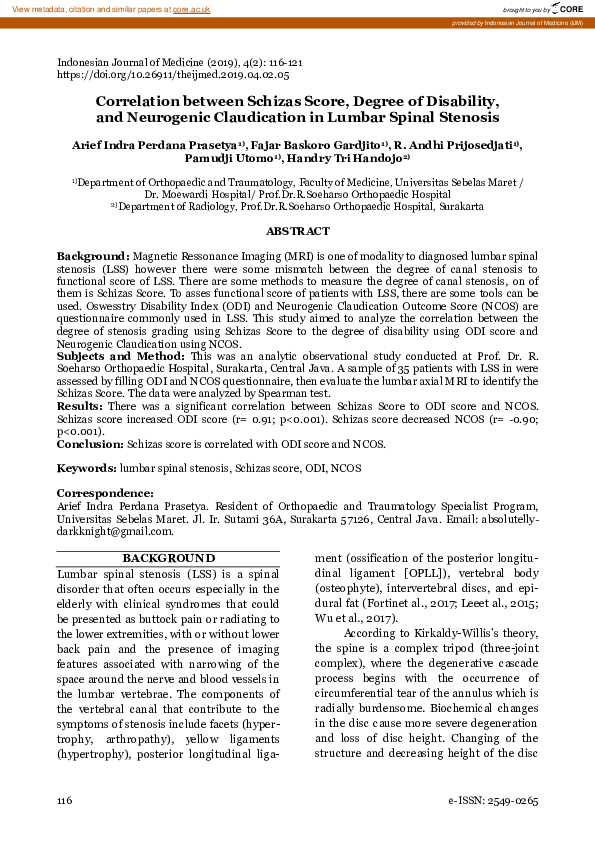 (PDF) Correlation between Schizas Score, Degree of Disability, and ...