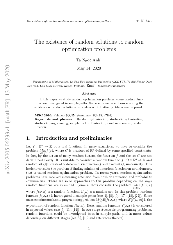 (PDF) The existence of random solutions to random optimization problems