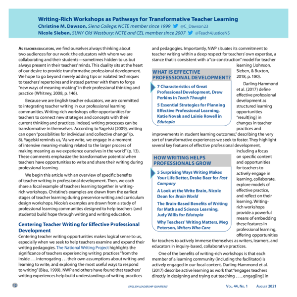 (PDF) Writing-Rich Workshops as Pathways for Transformative Teacher Learning