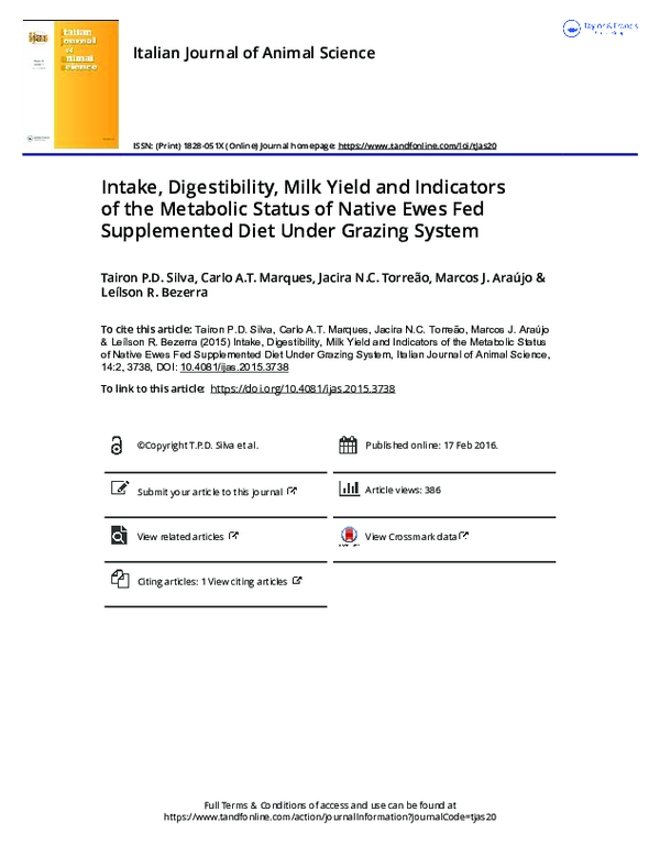 (PDF) Intake, Digestibility, Milk Yield and Indicators of the Metabolic Status of Native Ewes ...