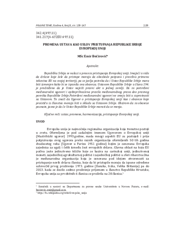 (PDF) Promena Ustava Kao Uslov Pristupanja Republike Srbije Evropskoj Uniji | Emir Becirovic ...