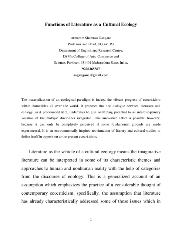 (PDF) Functions of Literature as a Cultural Ecology