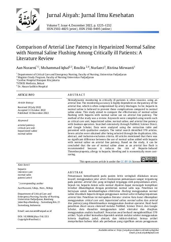 (PDF) Comparison of Arterial Line Patency in Heparinized Normal Saline ...