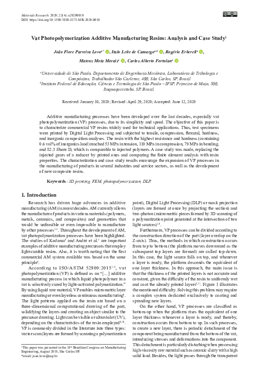 (PDF) Vat Photopolymerization Additive Manufacturing Resins: Analysis ...
