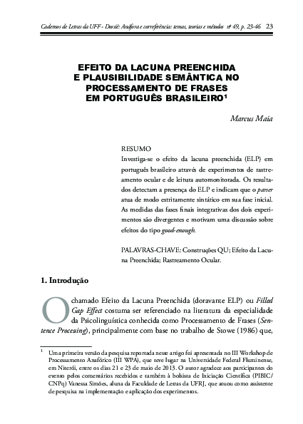 (PDF) Efeito Da Lacuna Preenchida e Plausibilidade Semântica No ...