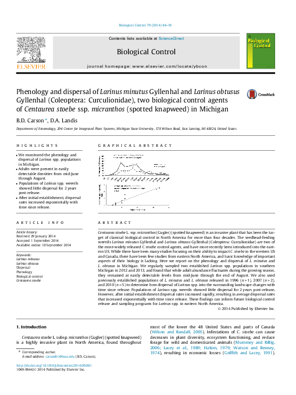 (PDF) Phenology and dispersal of Larinus minutus Gyllenhal and Larinus ...