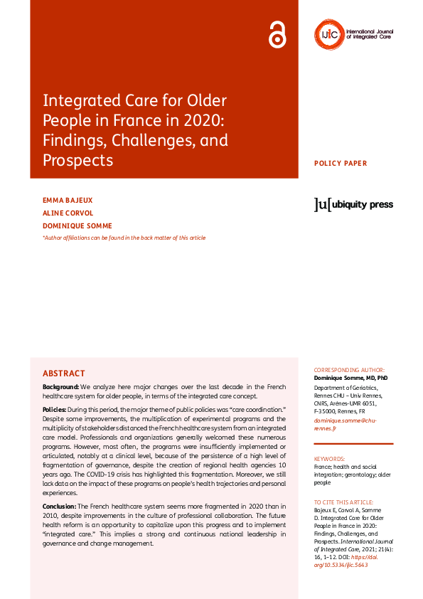 (PDF) Integrated Care for Older People in France in 2020: Findings ...