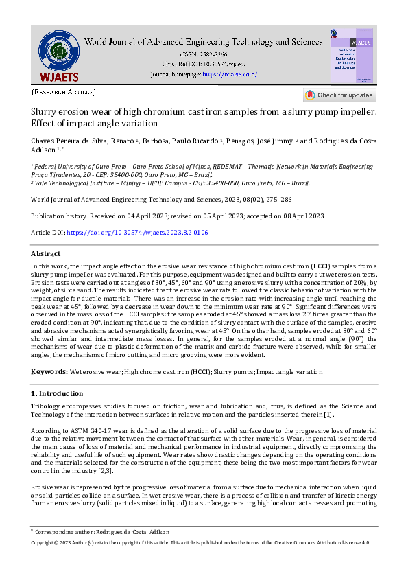 (PDF) Slurry erosion wear of high chromium cast iron samples from a slurry pump impeller. Effect ...