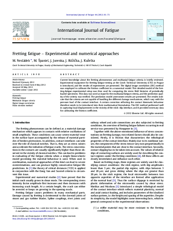 Pdf Fretting Fatigue Experimental And Numerical Approaches