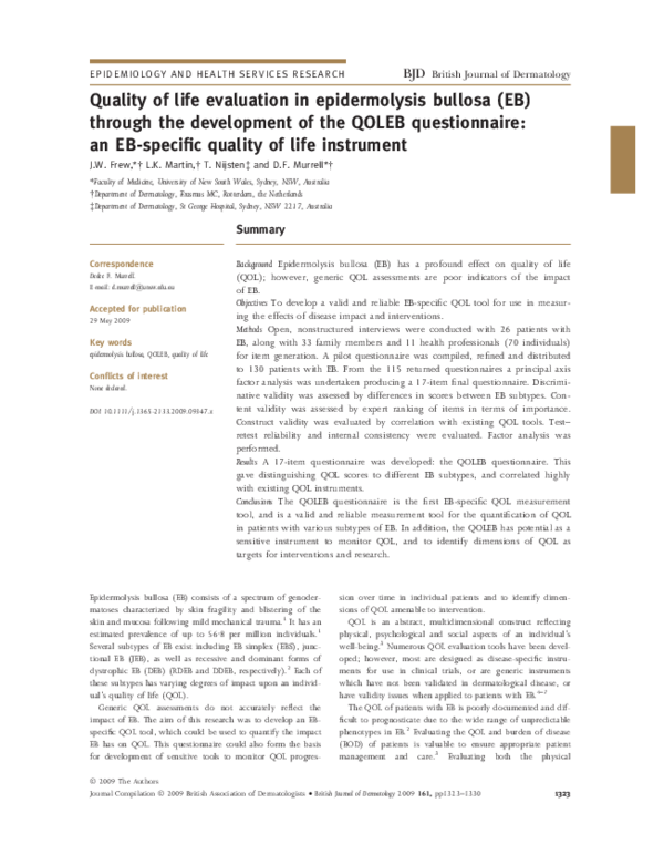 (PDF) Quality of life evaluation in epidermolysis bullosa (EB) through the development of the ...