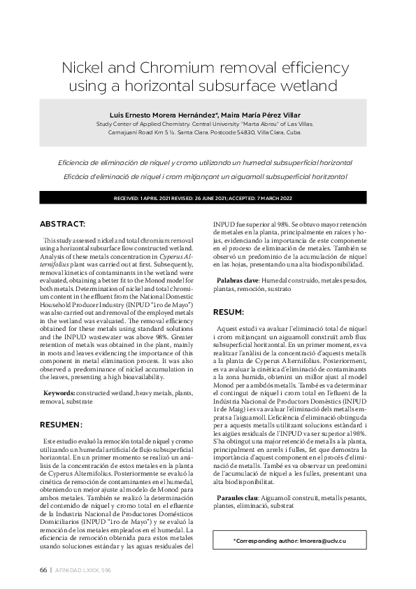 (PDF) Nickel and chromium removal efficiency using a horizontal subsurface wetland | Luis ...