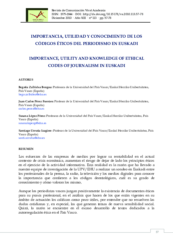 (PDF) Importancia, utilidad y conocimiento de los códigos éticos del periodismo en Euskadi ...
