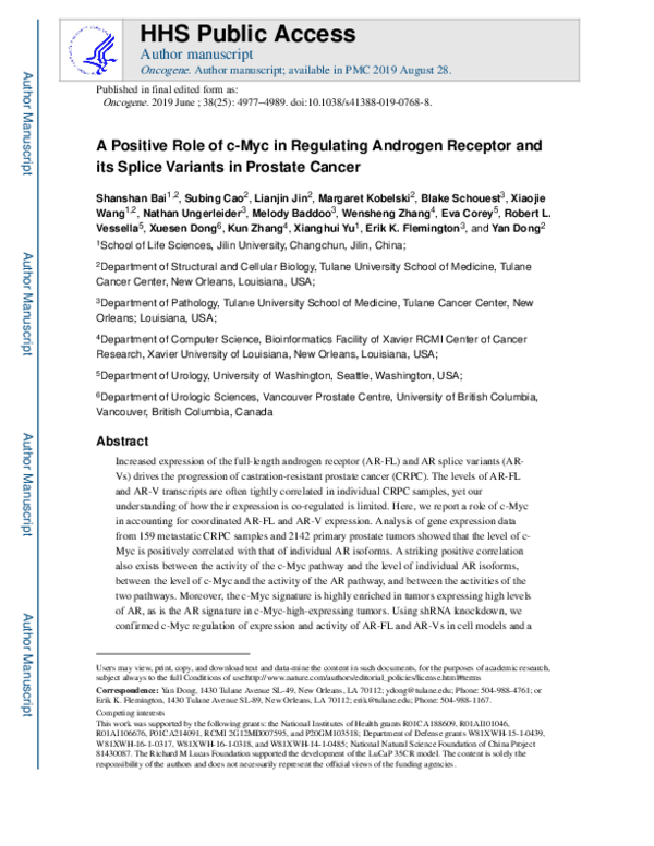 (PDF) A positive role of c-Myc in regulating androgen receptor and its ...