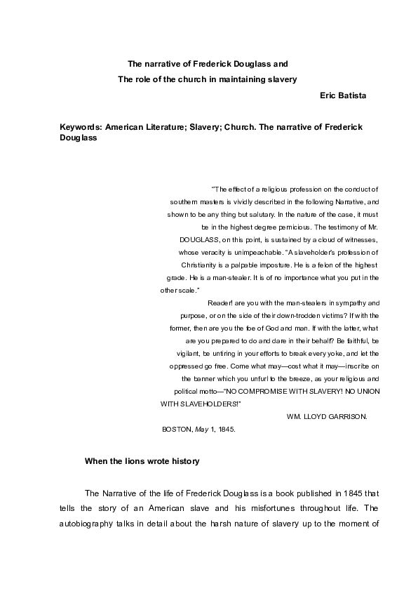 (PDF) The narrative of Frederick Douglass and The role of the church in ...