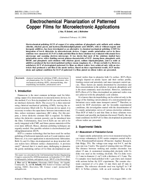 (PDF) Electrochemical Planarization of Patterned Copper Films for Microelectronic Applications