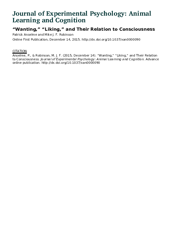 (PDF) Learning and Cognition “ Wanting , ” “ Liking , ” and Their ...