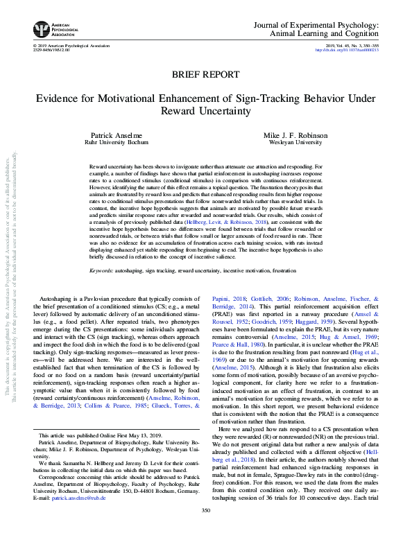(PDF) Evidence for motivational enhancement of sign-tracking behavior ...