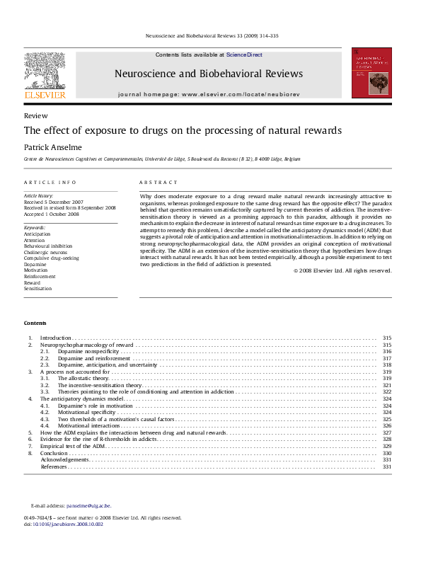 (PDF) The effect of exposure to drugs on the processing of natural rewards