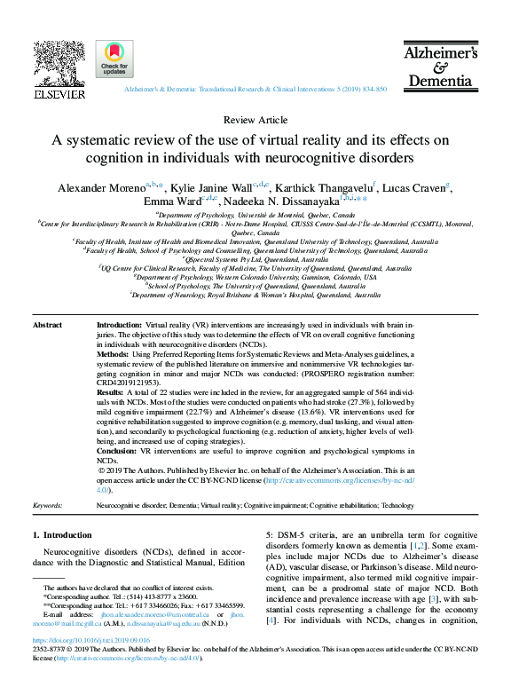 Pdf A Systematic Review Of The Use Of Virtual Reality And Its Effects On Cognition In