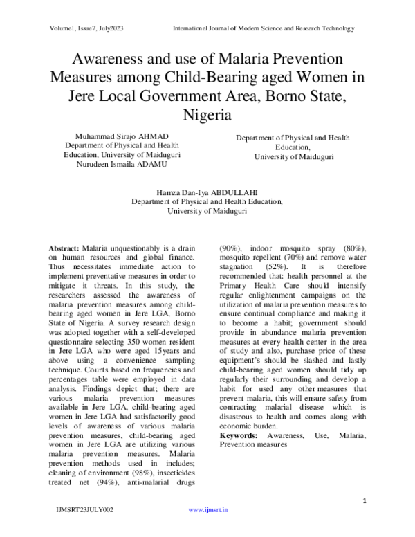 (PDF) Awareness and use of Malaria Prevention Measures among Child ...