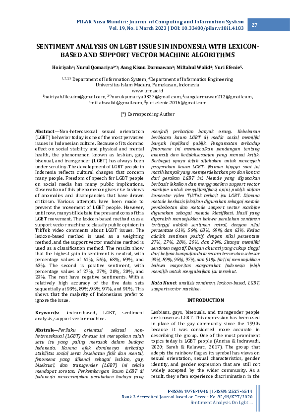 (PDF) Sentiment Analysis on LGBT Issues in Indonesia with Lexicon-Based and Support Vector ...