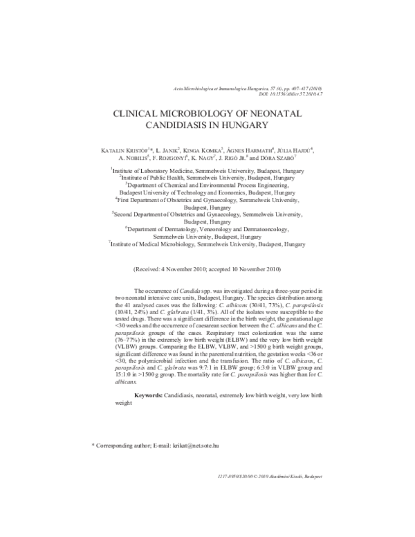(PDF) Clinical microbiology of neonatal candidiasis in Hungary