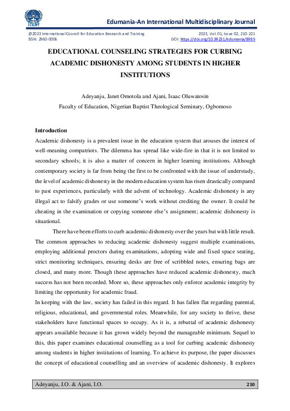 (PDF) EDUCATIONAL COUNSELING STRATEGIES FOR CURBING ACADEMIC DISHONESTY ...