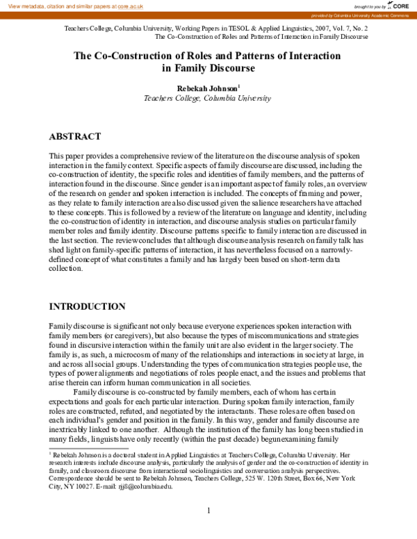 (PDF) The Co-Construction of Roles and Patterns of Interaction in Family Discourse | Rebekah ...