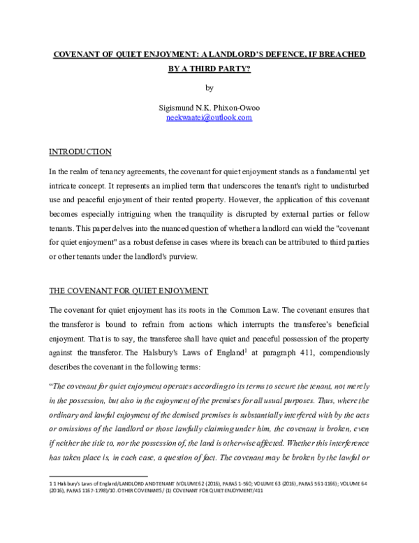 (PDF) COVENANT OF QUIET ENJOYMENT: A LANDLORD'S DEFENCE, IF BREACHED BY ...